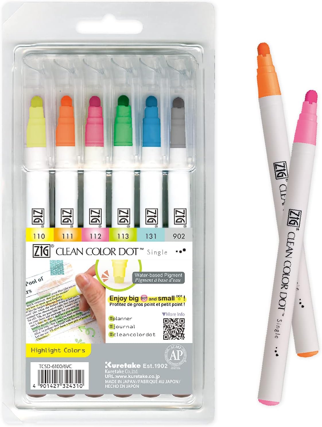 Kuretake CLEAN COLOR DOT Single Hightlight 6 colors set, Flexible dot ...